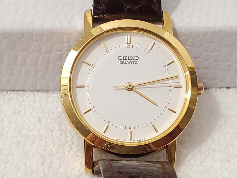Vintage Seiko Men's Gold Tone Quartz Watch Brown Leather Strap 1 Jewel – Twenty Four Hour Mall